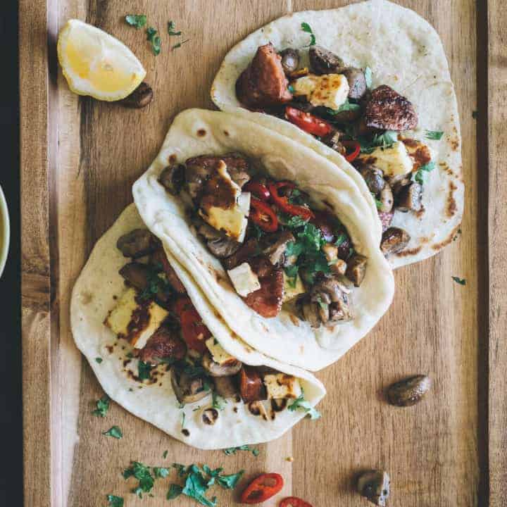 Mushroom Chorizo and Halloumi Tacos - Souvlaki For The Soul